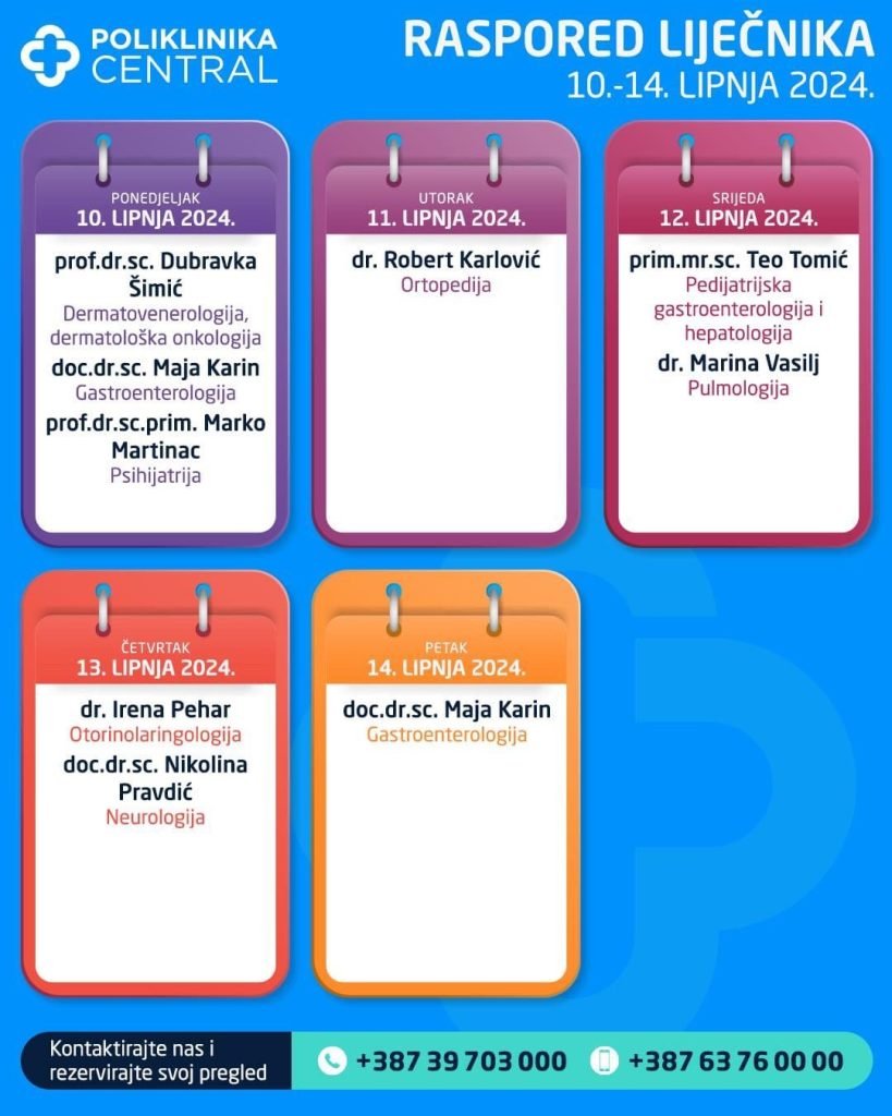 Poliklinika Central je objavila tjedni raspored liječnika ...